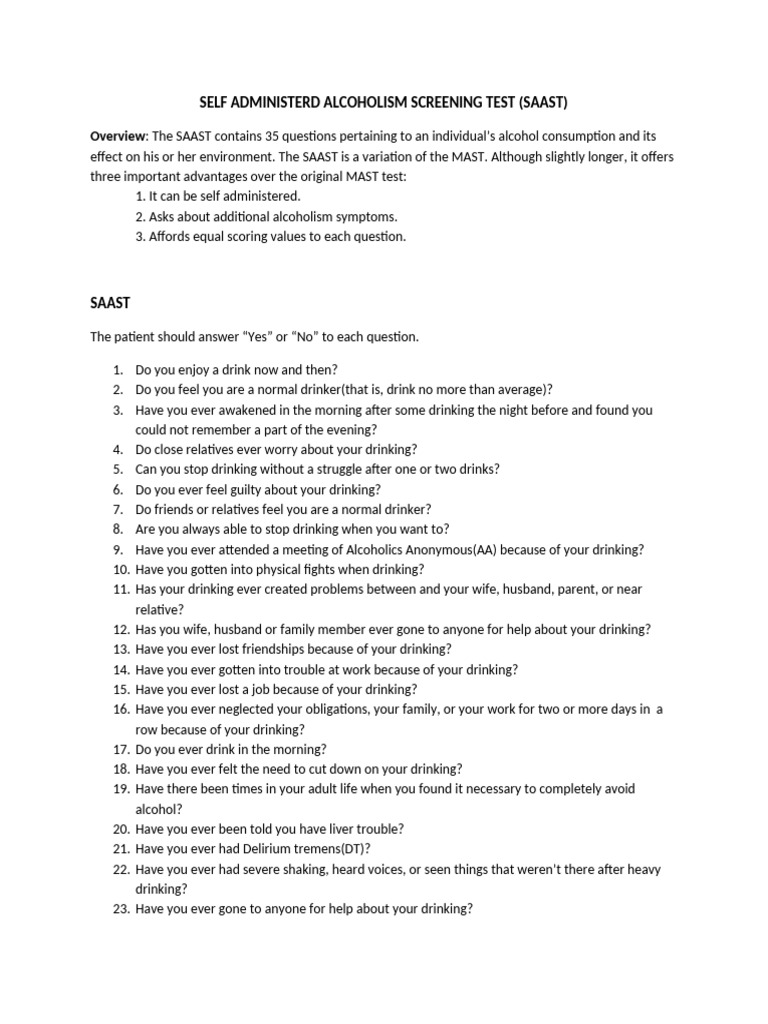 Self-Assessment for Alcoholism | PDF | Alcoholism | Alcohol Intoxication