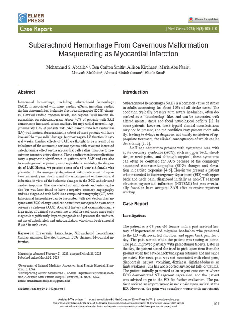Subarachnoid Hemorrhage From Cavernous Malformatio | PDF | Myocardial Infarction | Headache