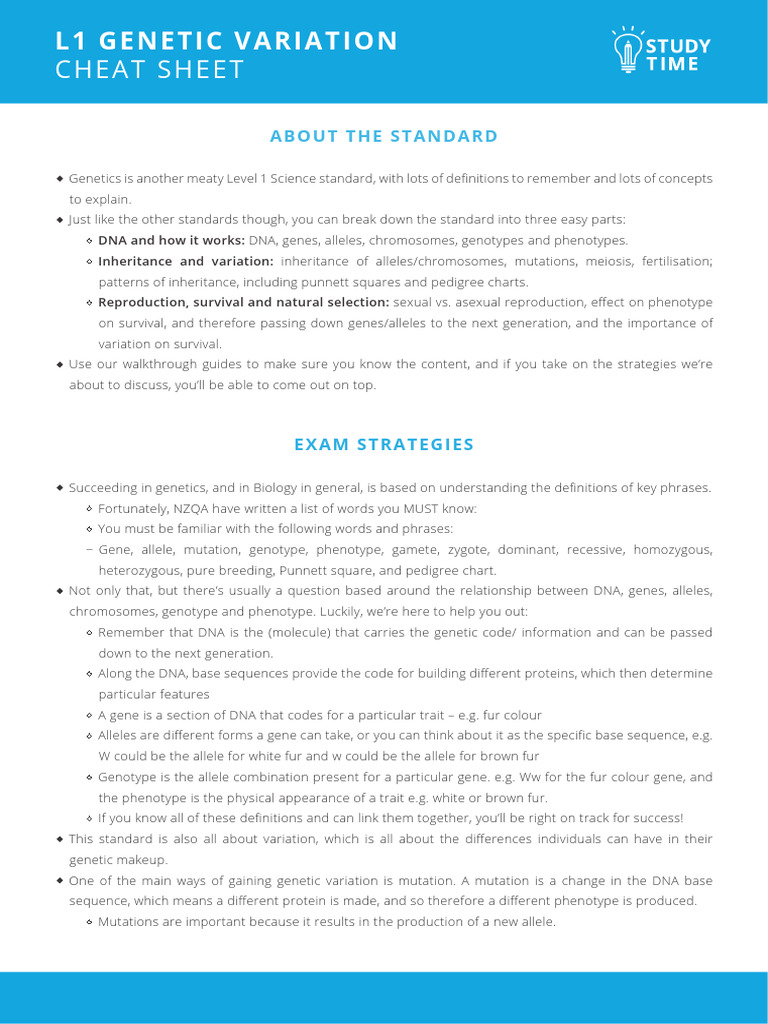 L1 Genetics Cheatsheet | PDF | Dominance (Genetics) | Gene