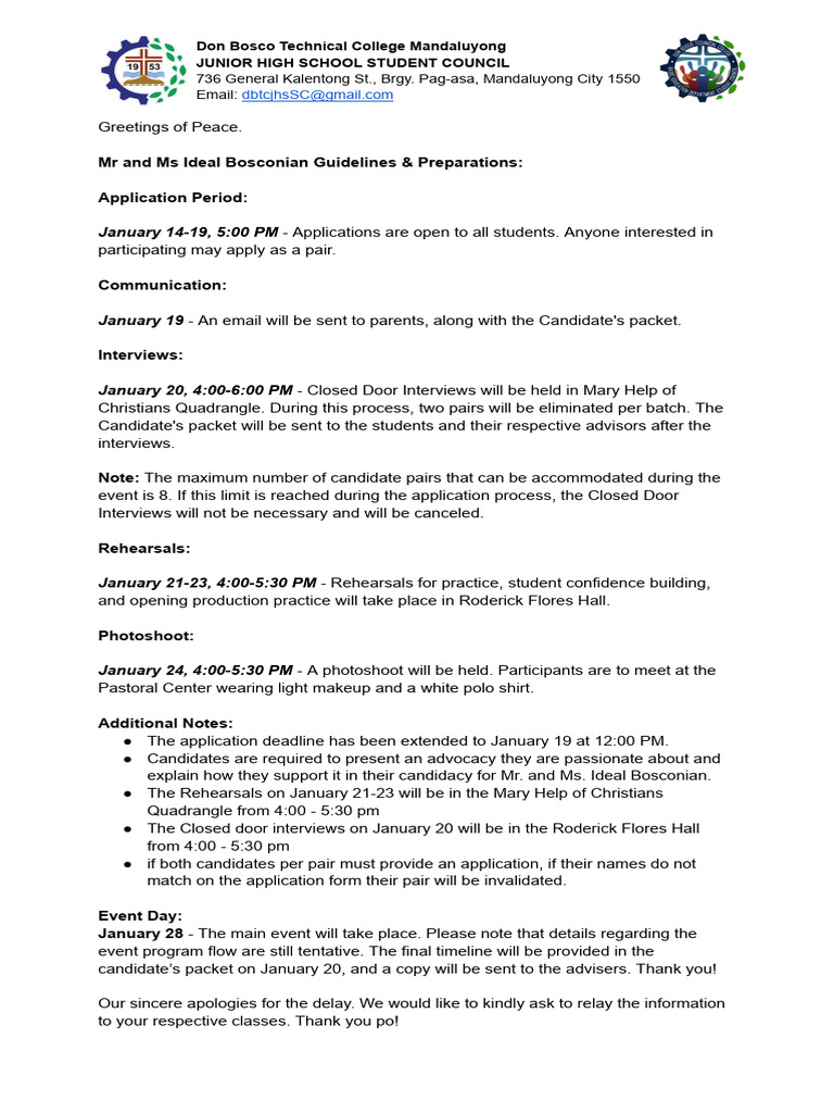 Mr. & Ms. Ideal Bosconian Guidelines | PDF