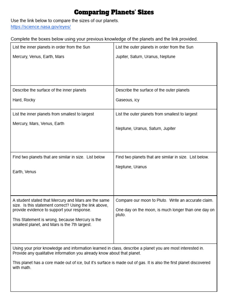 Copy of Comparing Planets | PDF