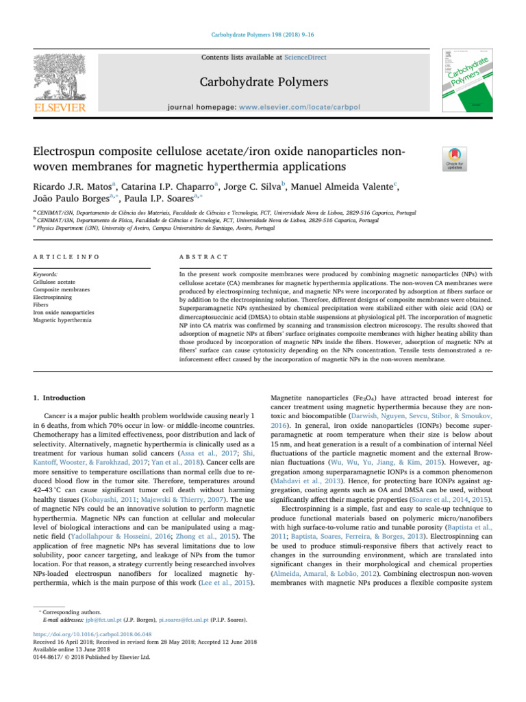 2018 Electrospun composite cellulose acetate iron oxide nanoparticles non-woven membranes for ...