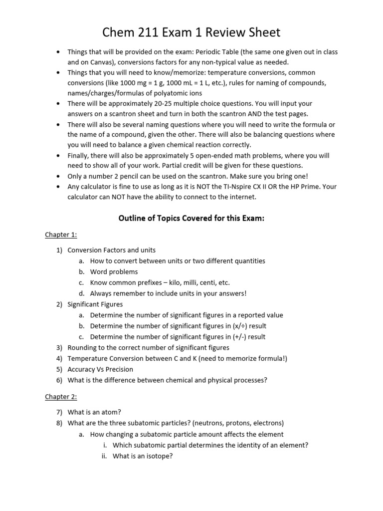 Chem 211 Exam 1 Review Guide | PDF | Ion | Mole (Unit)