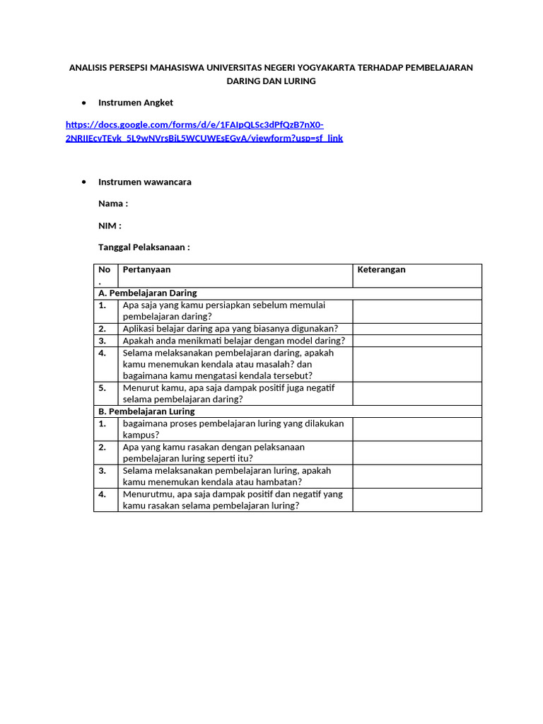 Instrumen Angket Dan Wawancara Pembelajaran Luring Dan Daring | PDF