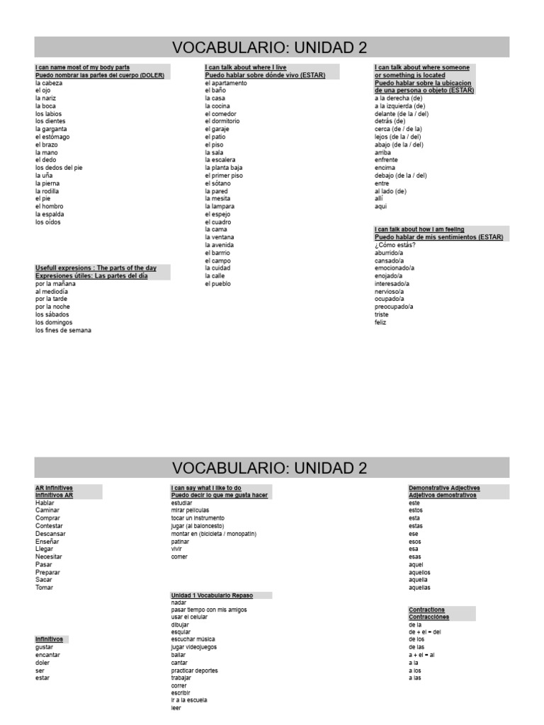 Unidad 2 Vocabulario 2024-2025-6 | PDF