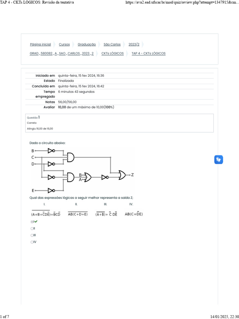 TAP 4 - CKTs LÓGICOS - Revisão Da Tentativa | PDF