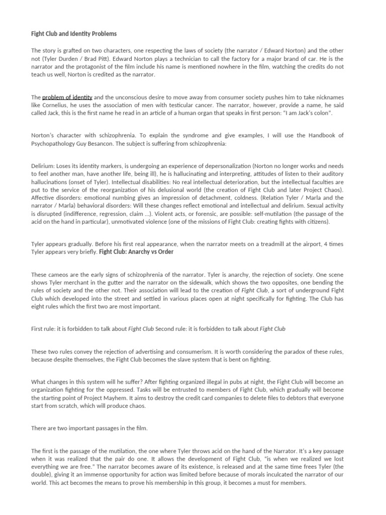 Analyzing Identity in Fight Club | PDF | Abnormal Psychology | Mental ...
