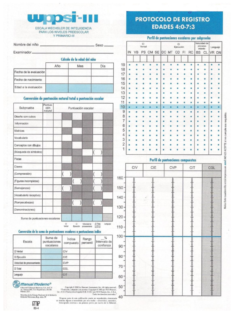 Wppsi-III. Protocolo de Registro (4 A 7 Años) | PDF