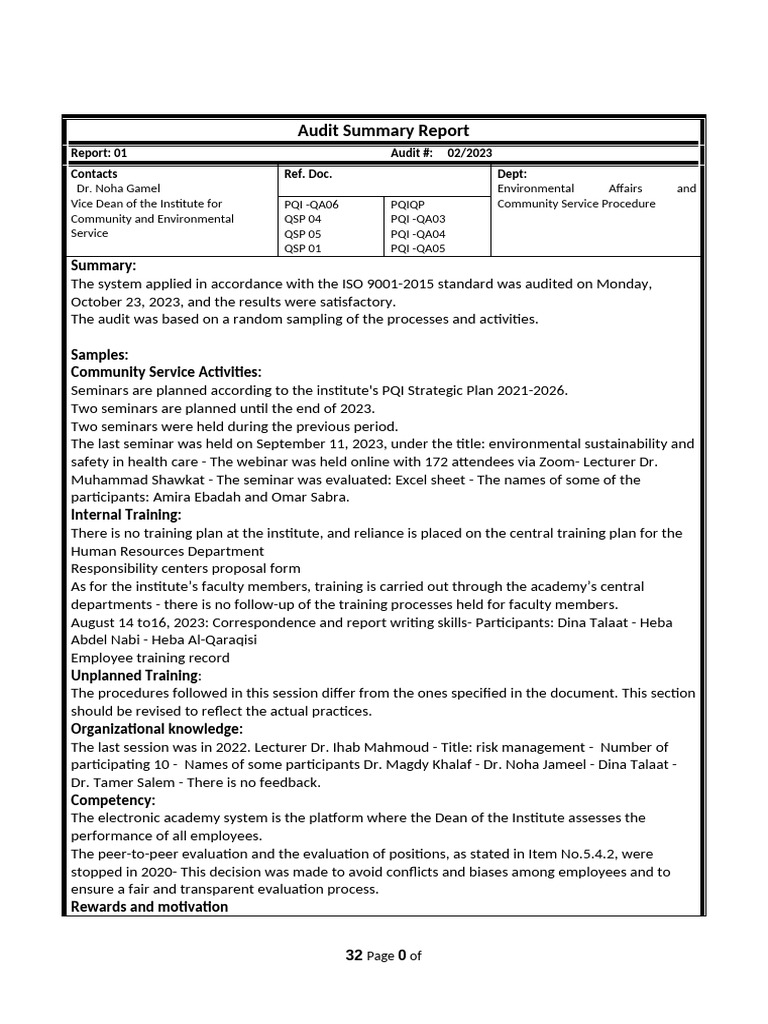 PQI Audit Summary Report 2023 | PDF | Audit | Business