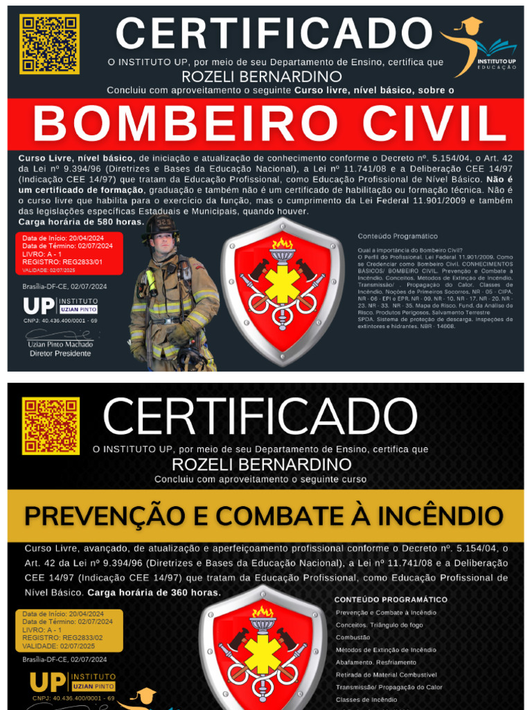 Certificado Rozeli Bernardino - Bombeiro Civil 3 | PDF