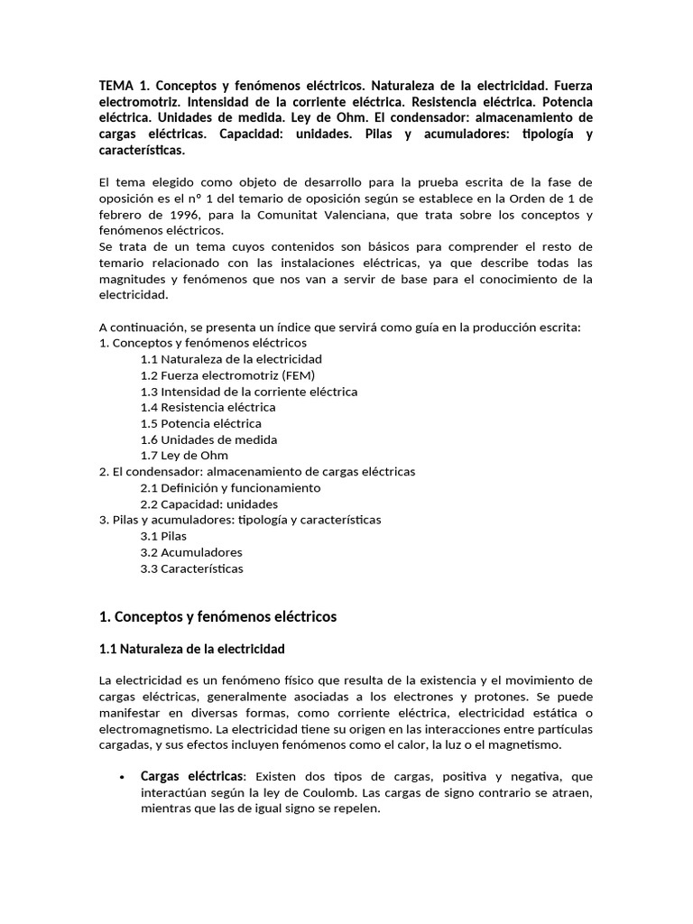 TEMA 1 Conceptos y Fenómenos Eléctricos | PDF | Batería recargable | Electricidad
