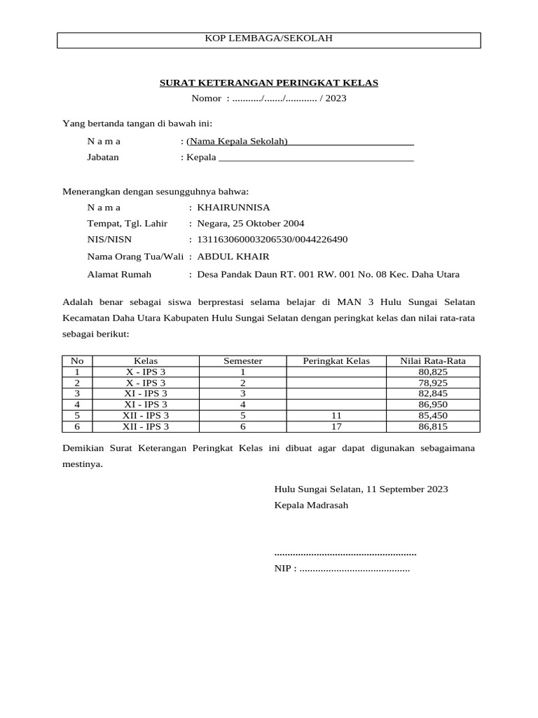 Format Surat Keterangan Peringkat Kelas Nilai Rapor TP 2020 2021 | PDF
