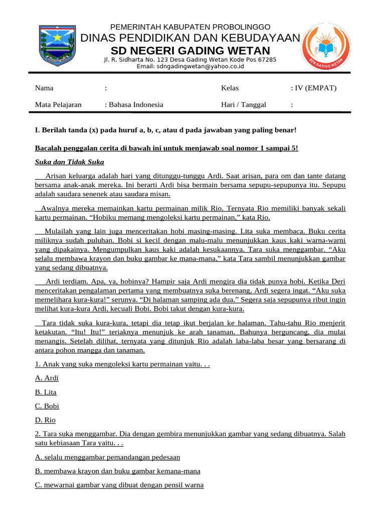 Soal Sumatif PAS Bahasa Indonesia Kelas IV Semester 1 | PDF