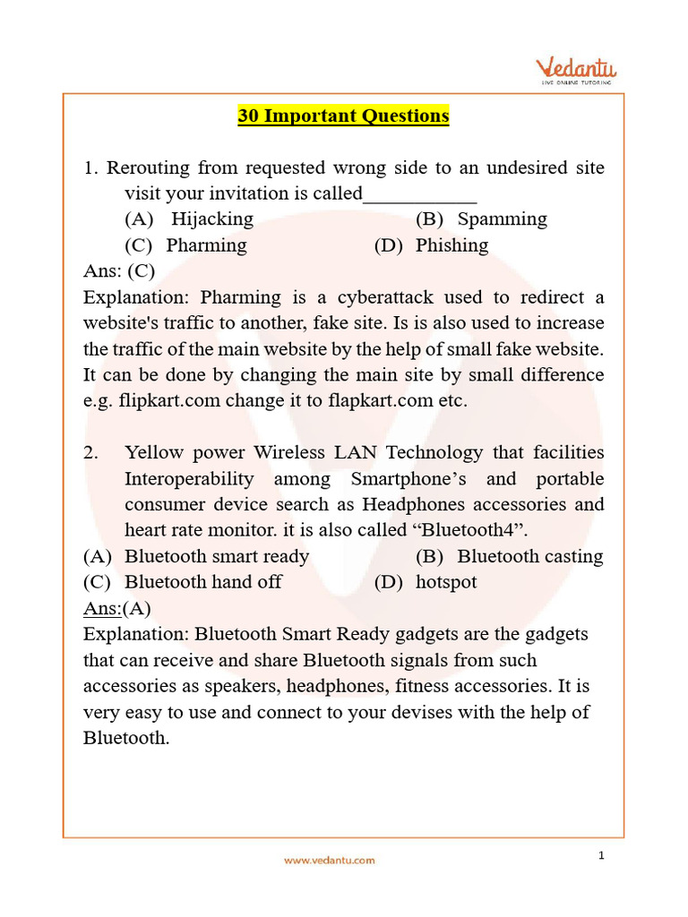 NCO Important Questions for Class 9 | PDF | Computer Network | Input/Output