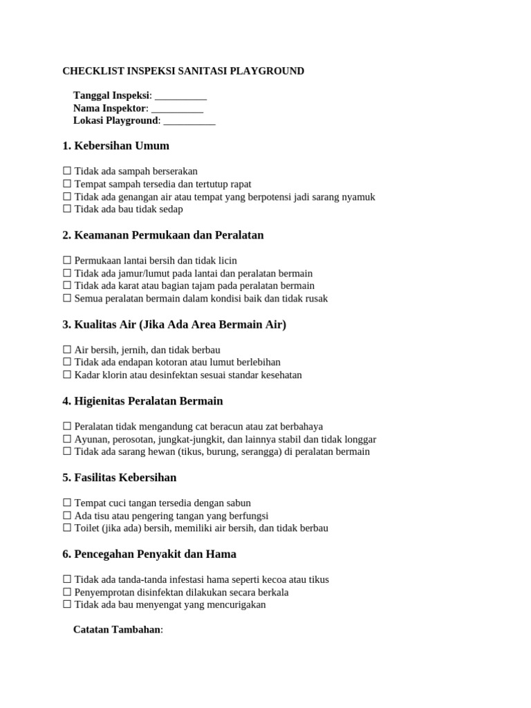 CHECKLIST INSPEKSI SANITASI PLAYGROUND Ghsdyw | PDF