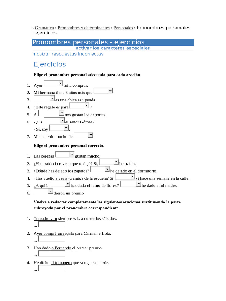 Gramática Pronombre Ejercicios | PDF