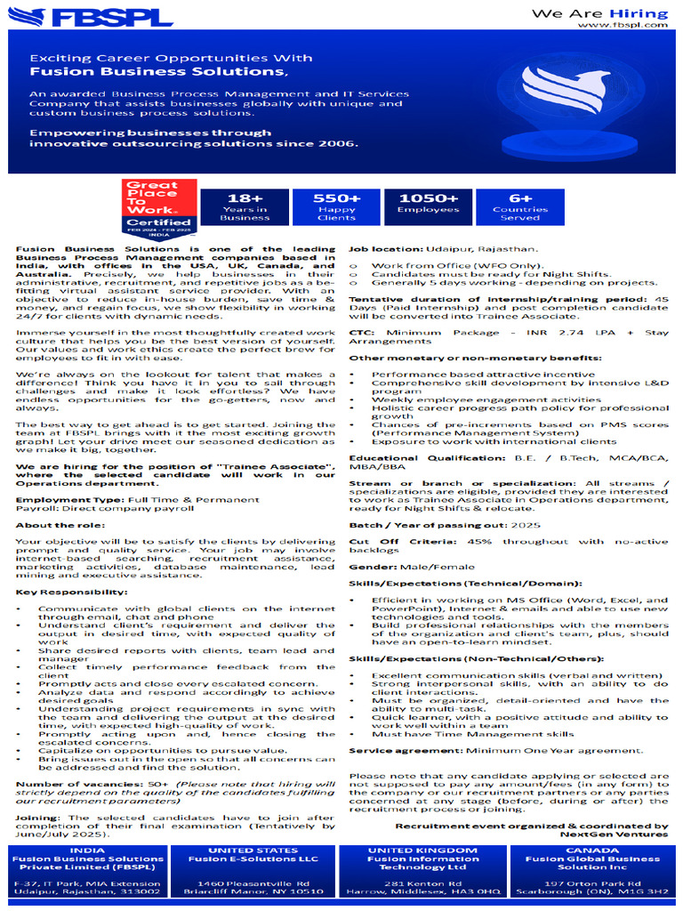 FBSPL Trainee Associate 2025 Batch | PDF