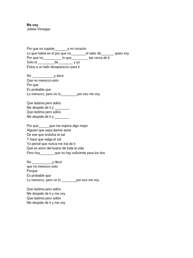 Letra de "Me Voy" de Julieta Venegas | PDF