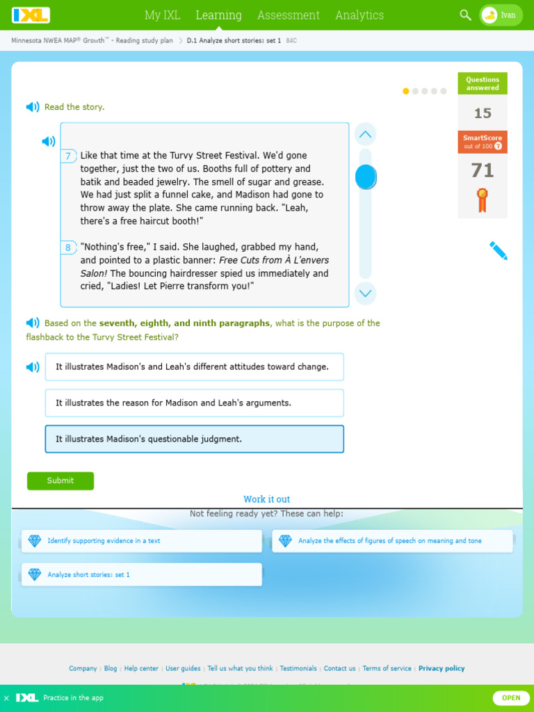 IXL Analyze Short Stories Set 1 Level M Language Arts | PDF