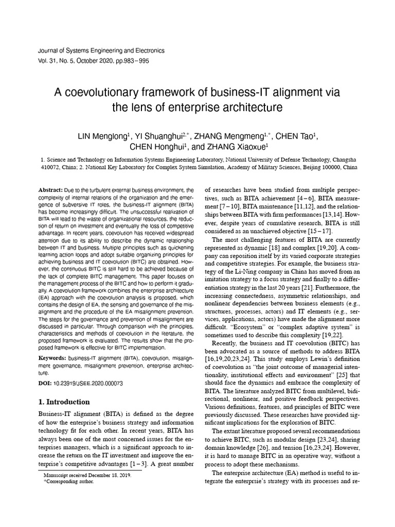 A Coevolutionary Framework Of Business It Alignment Via Pdf Enterprise Architecture