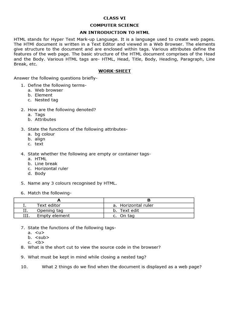 Class6 Computer Science Work Sheet (1) | PDF
