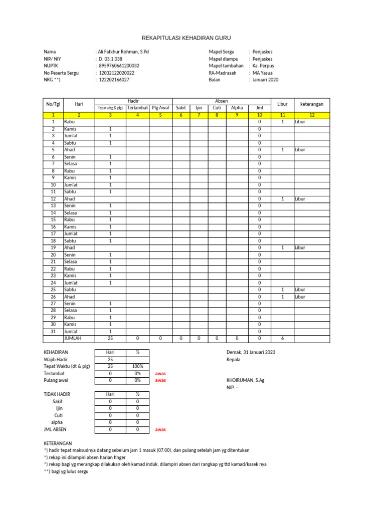 Form Rekap Absen Bulanan 2020 | PDF