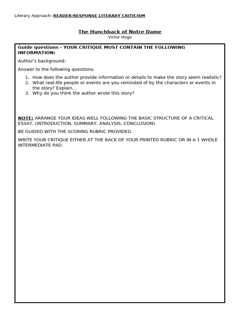 Reader Response Literary Approach TemplateRubric | PDF | Grammar ...