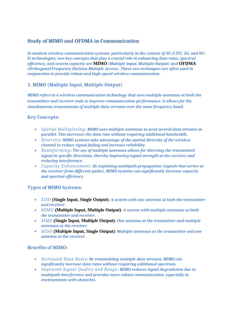 Study of MIMO and OFDMA in Communication: 1. MIMO (Multiple Input ...