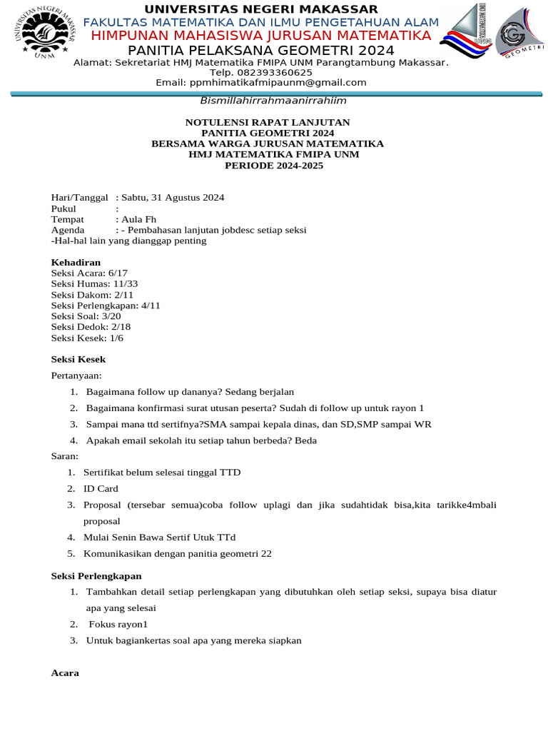 Notulensi Rapat Panitia Geometri 2024 | PDF