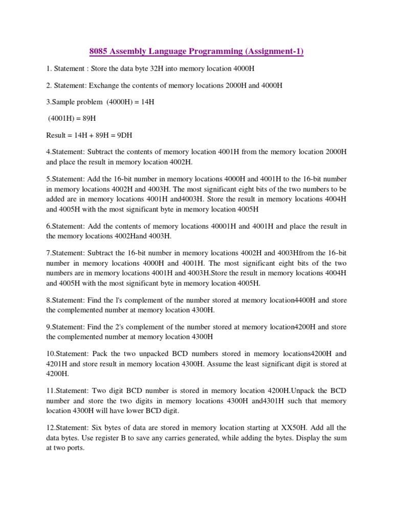 8085 Assembly Language Programming Assignment-1 | PDF | Binary Coded Decimal | String (Computer ...