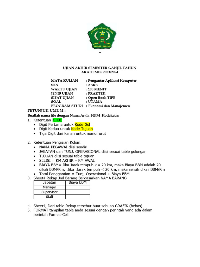 Uas Excel 2025-1 | PDF