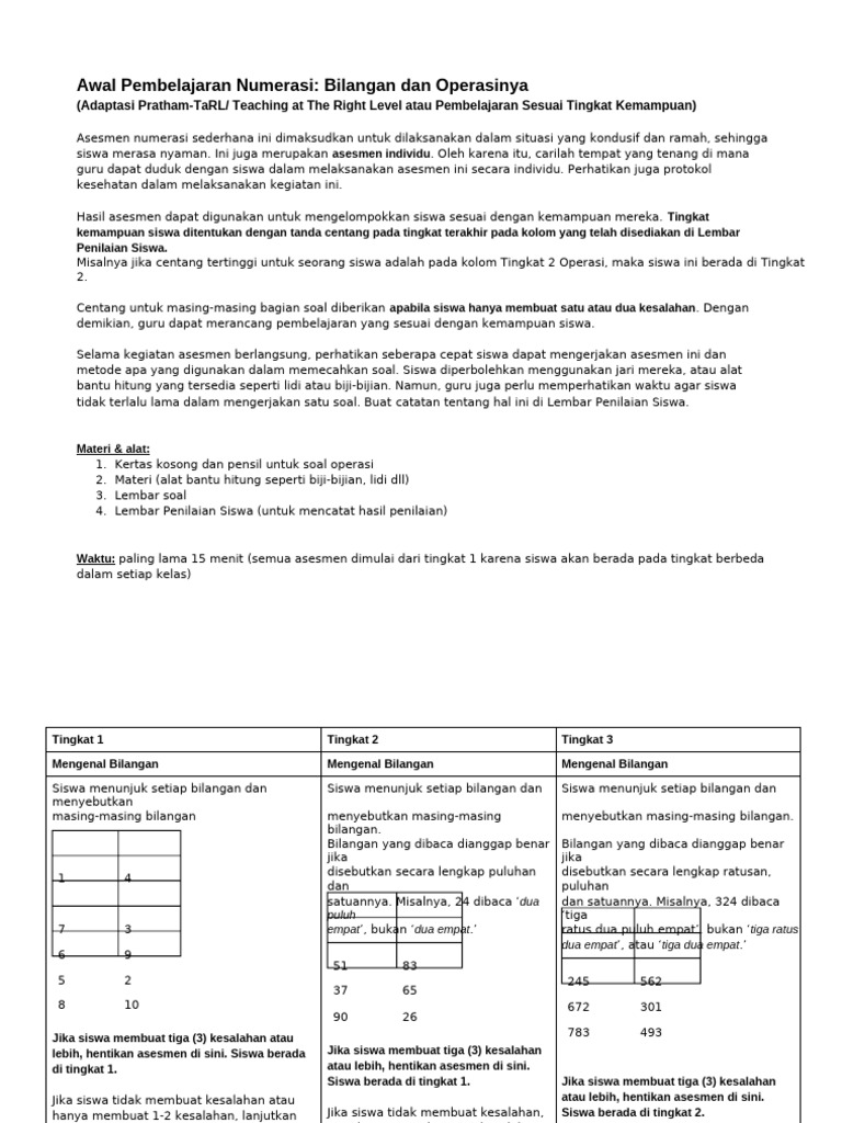 Panduan Asesmen Awal Pembelajaran Numerasi | PDF