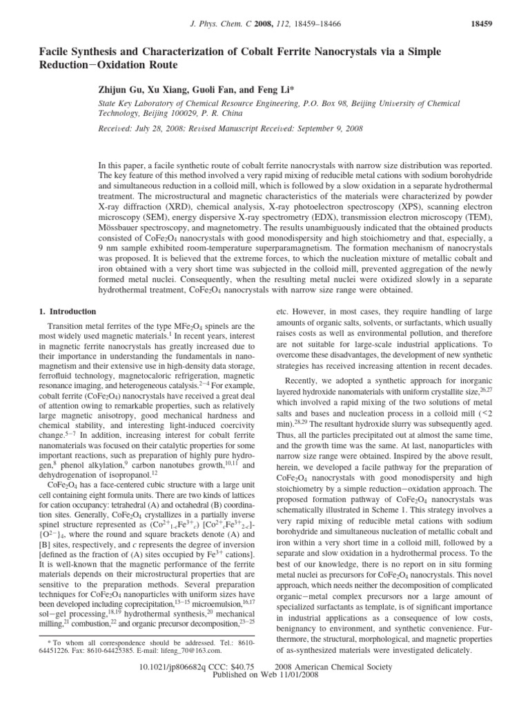 2008 Facile Synthesis and Characterization of Cobalt Ferrite Nanocrystals Via A Simple Reduction ...