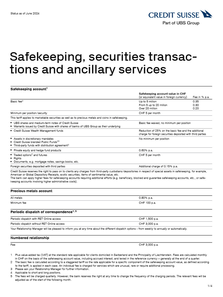 UBS Safekeeping Account Fees 2024 | PDF | Securities (Finance) | Ubs