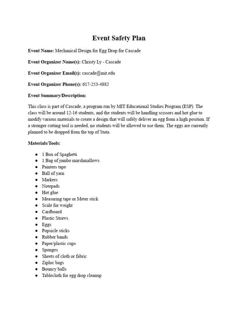 Event Safety Plan - Mechanical Design For Egg Drop | PDF | Materials ...