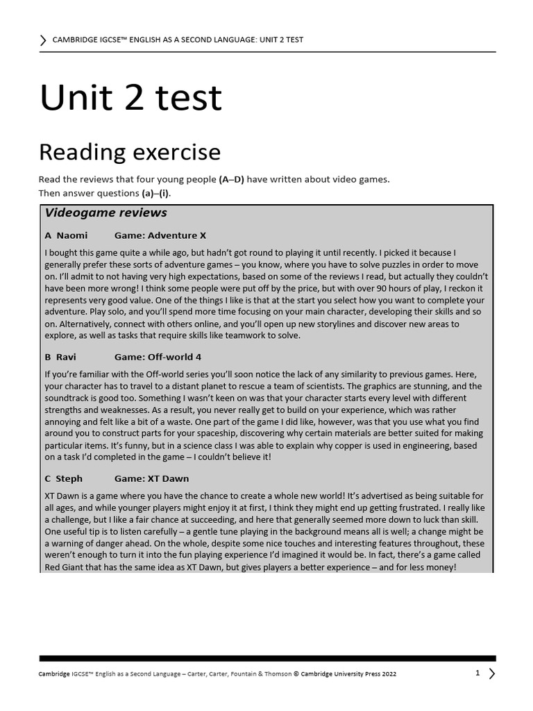 Igcse Esl 6ed TR Unit2 Test | PDF | English As A Second Or Foreign Language