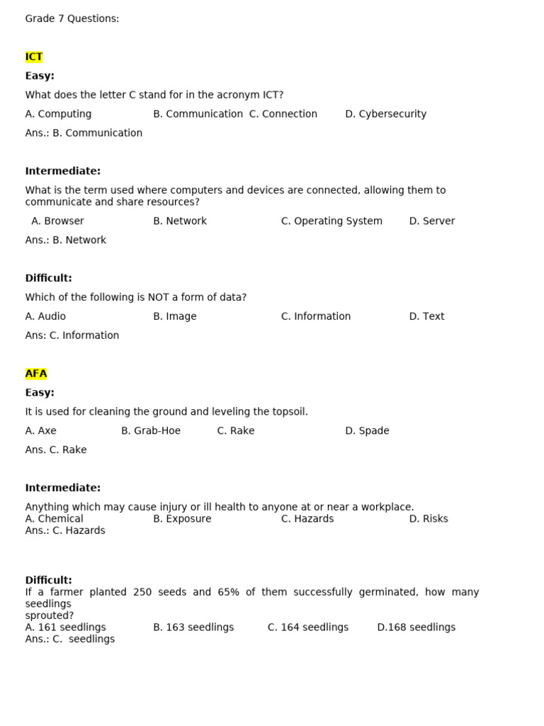 Quiz Bee Technolympics Grade 7 Sample Questions | PDF