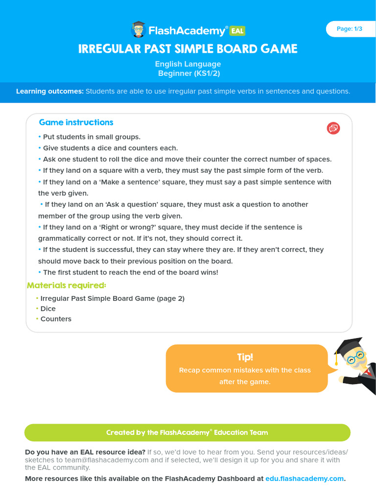 English Language Irregular Past Simple Board Game | PDF | English As A ...