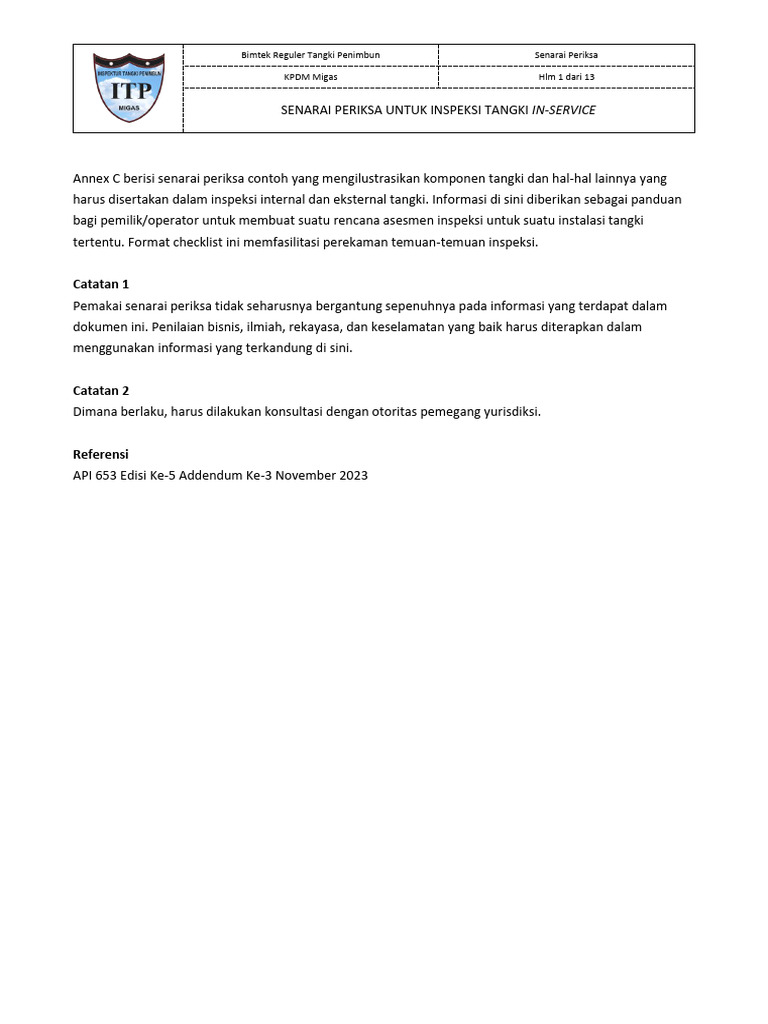 02 Senarai Inspeksi Inspeksi Tangki in-Service API 653 Annex C Rev0 | PDF