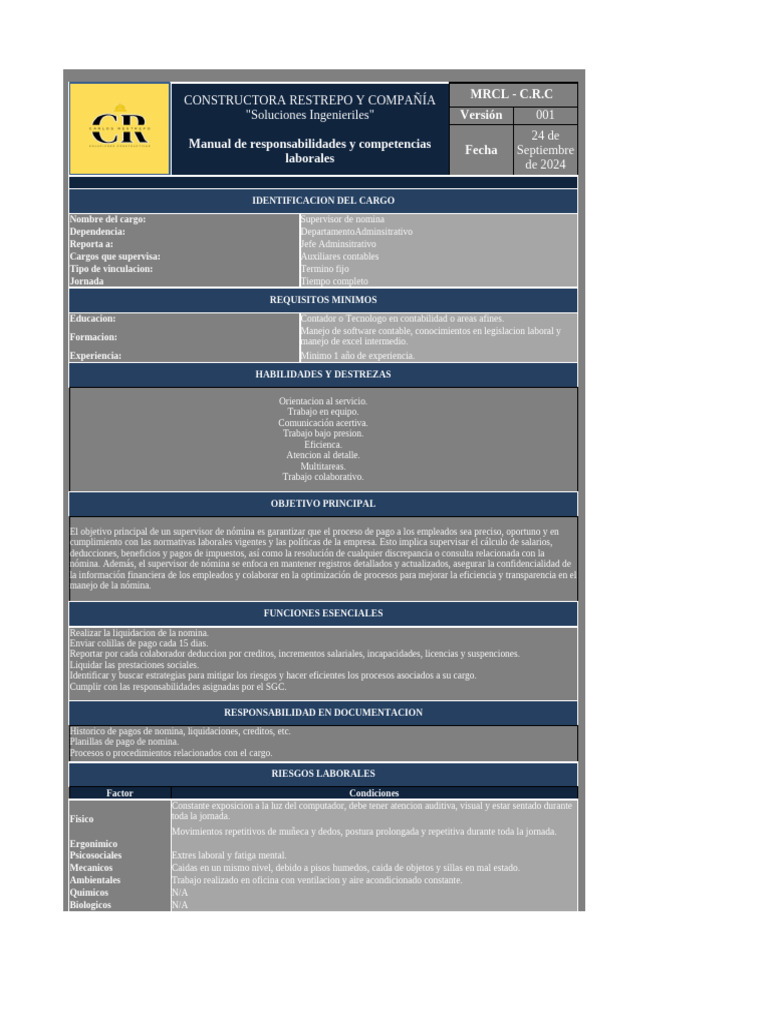 Manual de Responsabiidades_Constructora Restrepo y Compañía | PDF | Seguridad y salud ...