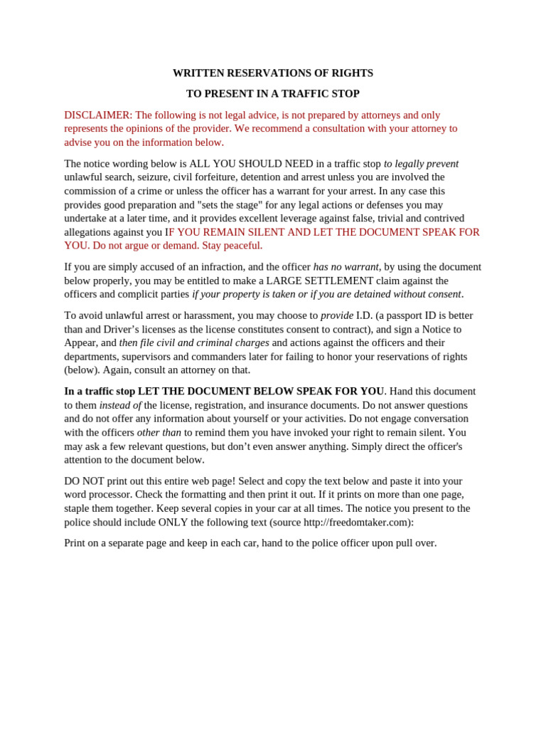 Rights Notice for Traffic Stops | PDF | Arrest | Legal Remedy