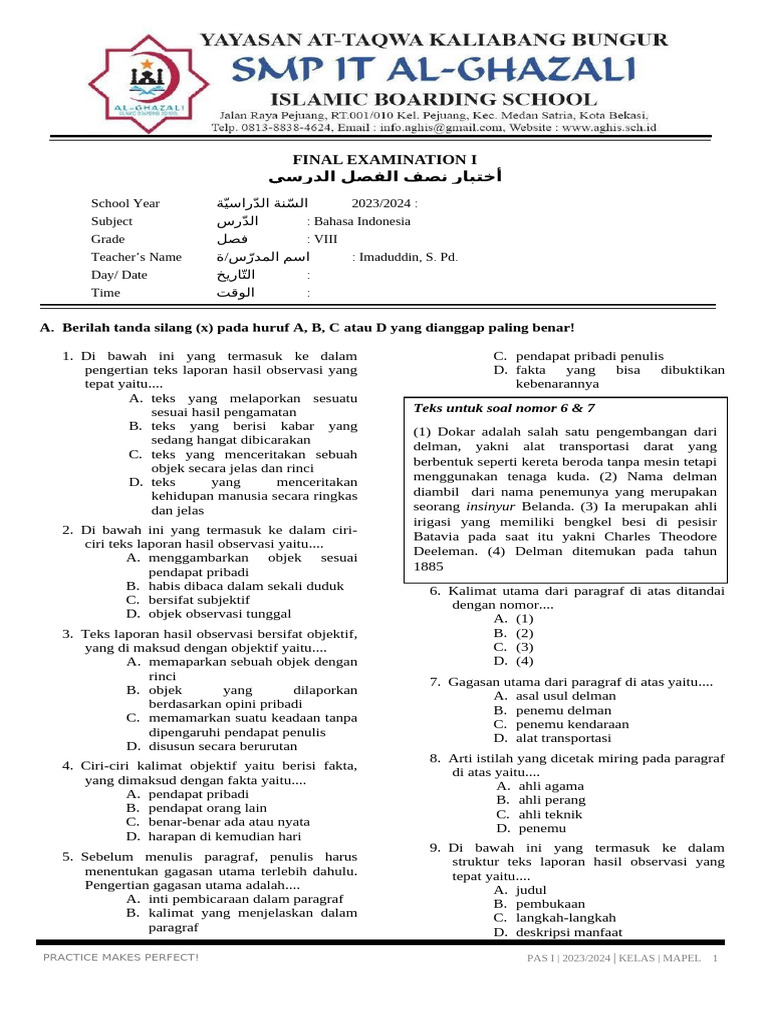 Soal PAS I B Indo Kelas VIII 2023-2024 | PDF