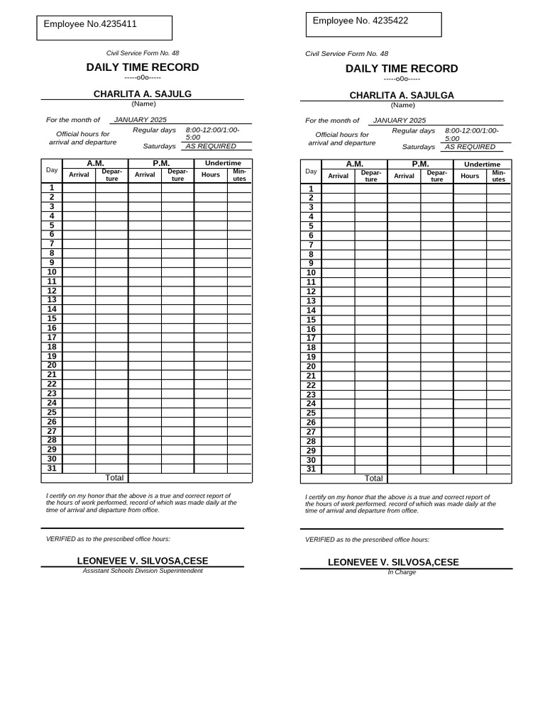 Daily Time Record DTR Blank | PDF