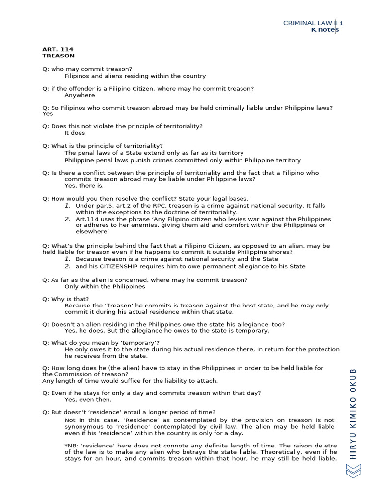 Criminal Law Book 2 Title 1 14 1 | PDF | Treason | Plea