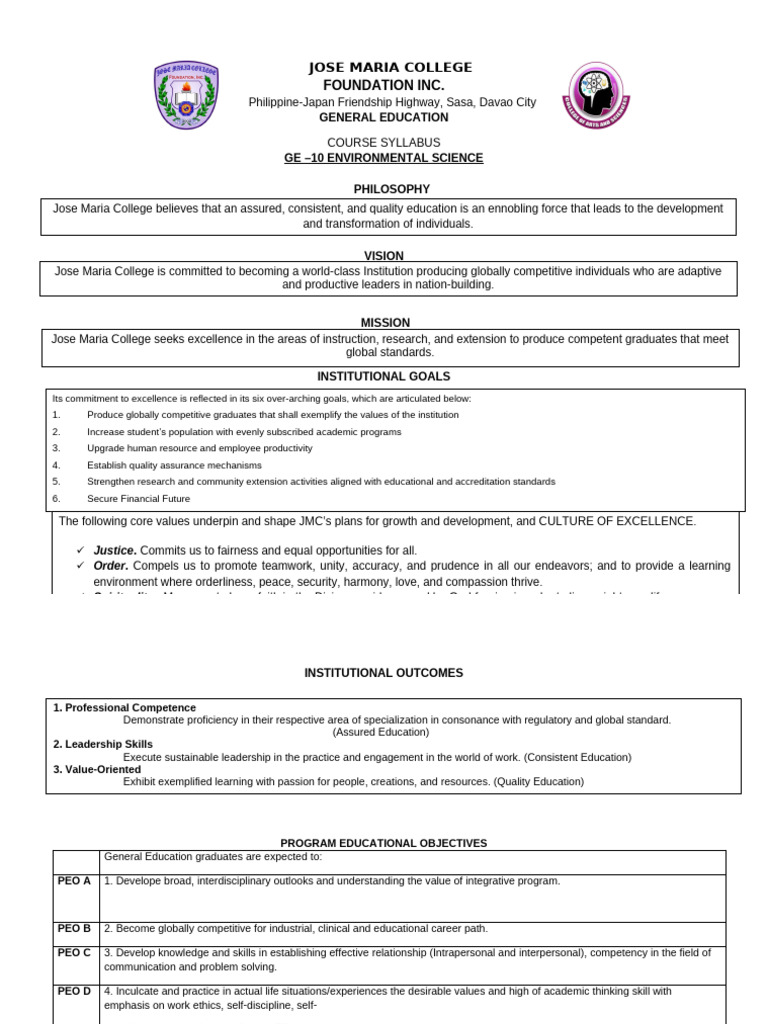Ge 10 Environmental Science Syllabus | PDF | Biodiversity | Ecology