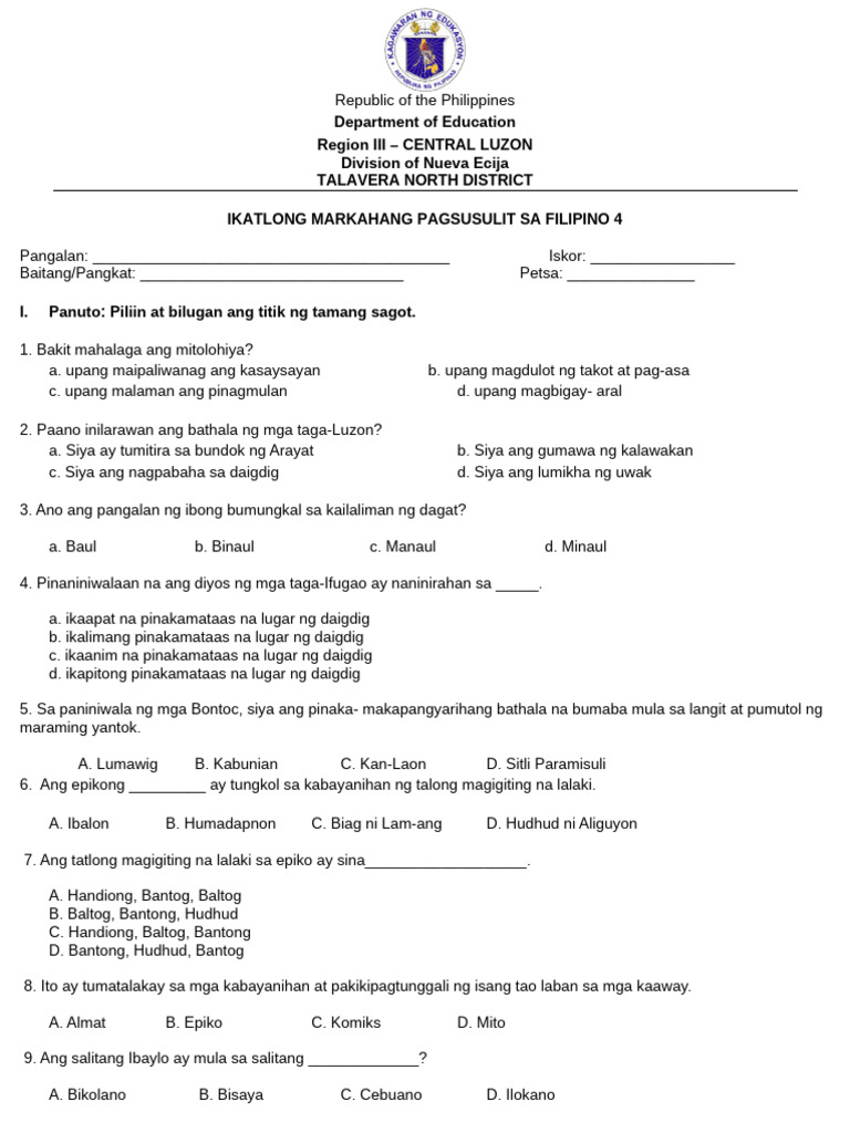 Q3-FILIPINO4-PT-MATATAG-BOW | PDF