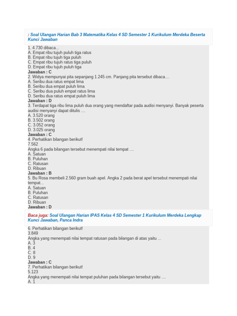 Soal Ulangan Harian Bab 3 Matematika Kelas 4 SD Semester 1 Kurikulum Merdeka Beserta Kunci ...