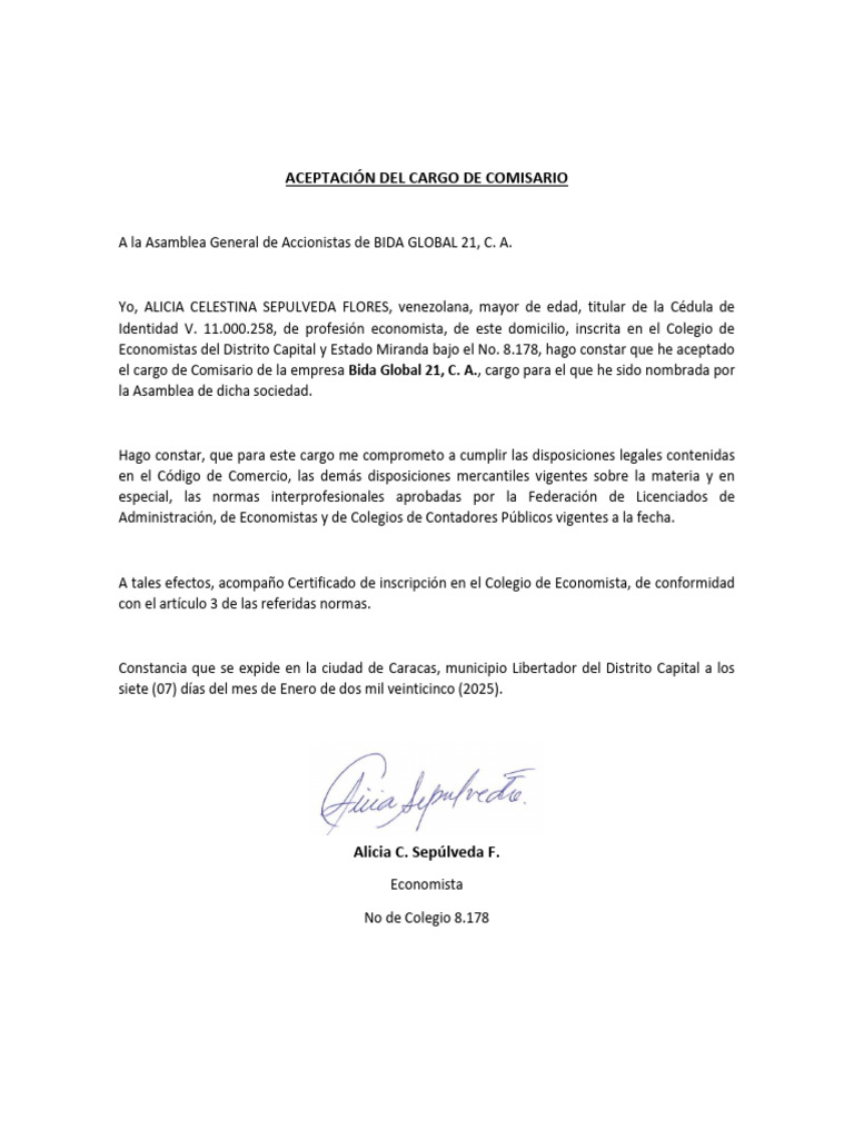 Bida-Aceptacion Comisario-1 | PDF