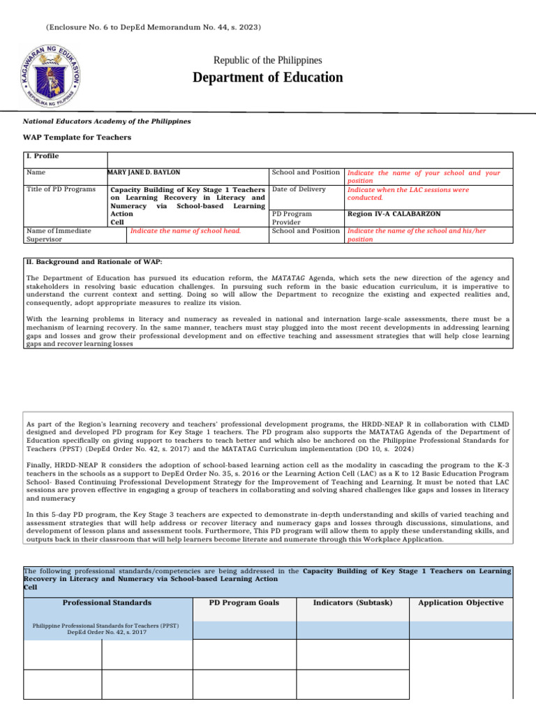Level 3 - Sample WAP For Teachers | PDF | Teachers | Lesson Plan