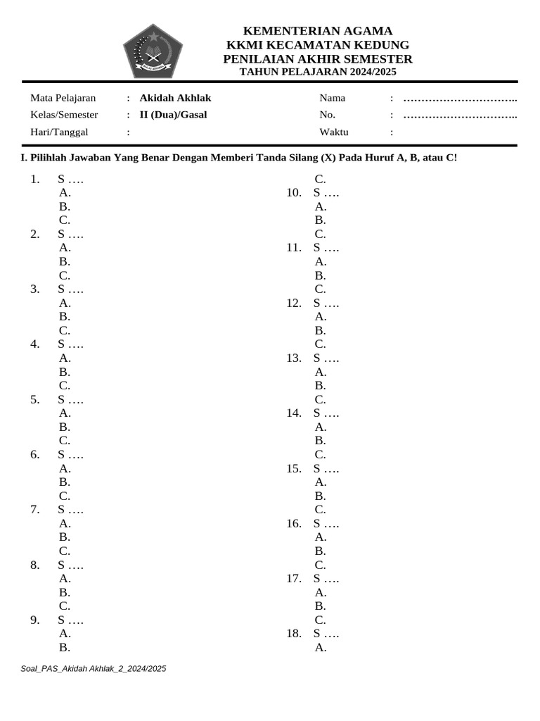 Soal PAS Akidah Akhlak Kelas II 2024 | PDF
